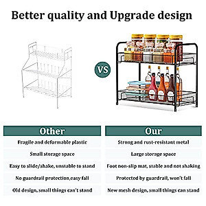 Spice Rack Organizer for Countertop,Xpatee 2-Tier Foldable Metal Rust-Proof Standing Large Seasoning Storage Shelf with Guardrail and Mesh Design for Kitchen Cabinet Bathroom Makeup Living Room Pantry Office, Black