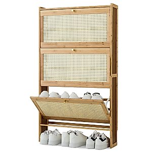 Magshion Narrow Shoe Cabinet for Entryway Slim Thin Bamboo Freestanding Shoe Storage with Flip Drawers for Hallway, Living Room, Bedroom (Natural, 47.5" x 27" x 7")
