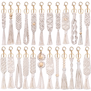 Nosiny 24 Pieces Boho Macrame Keychains Mini Cute Handcrafted Tassel Keychain Macrame Bag Charms Aesthetic Keychain with Tassel for Women Car Key Purse Phone Wallet Party Supplies, Beige