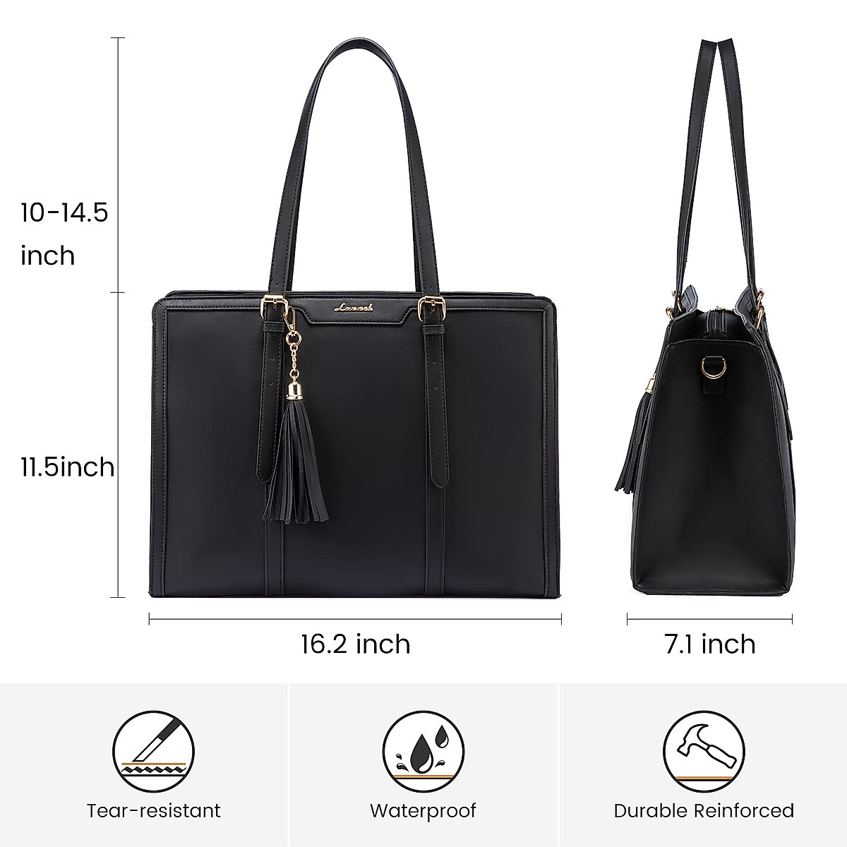 LOVEVOOK Laptop Bag for Women 15.6 inch Lightweight PU Laptop Tote Bag, Large Capacity Computer bag with Clutch Purse for Business, Work, Office, Travel, School,Casual(Black & Leather)