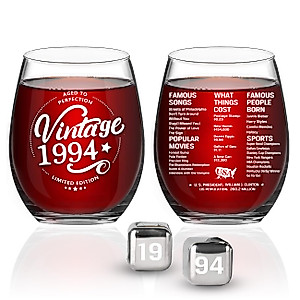 Greatingreat 1994 Old Time Information 30th Birthday Gifts for Women Men - 1994 Vintage 15 oz Stemless Wine Glass - 30 Year Old Birthday Party Decorations - Thirty Class Reunion Ideas