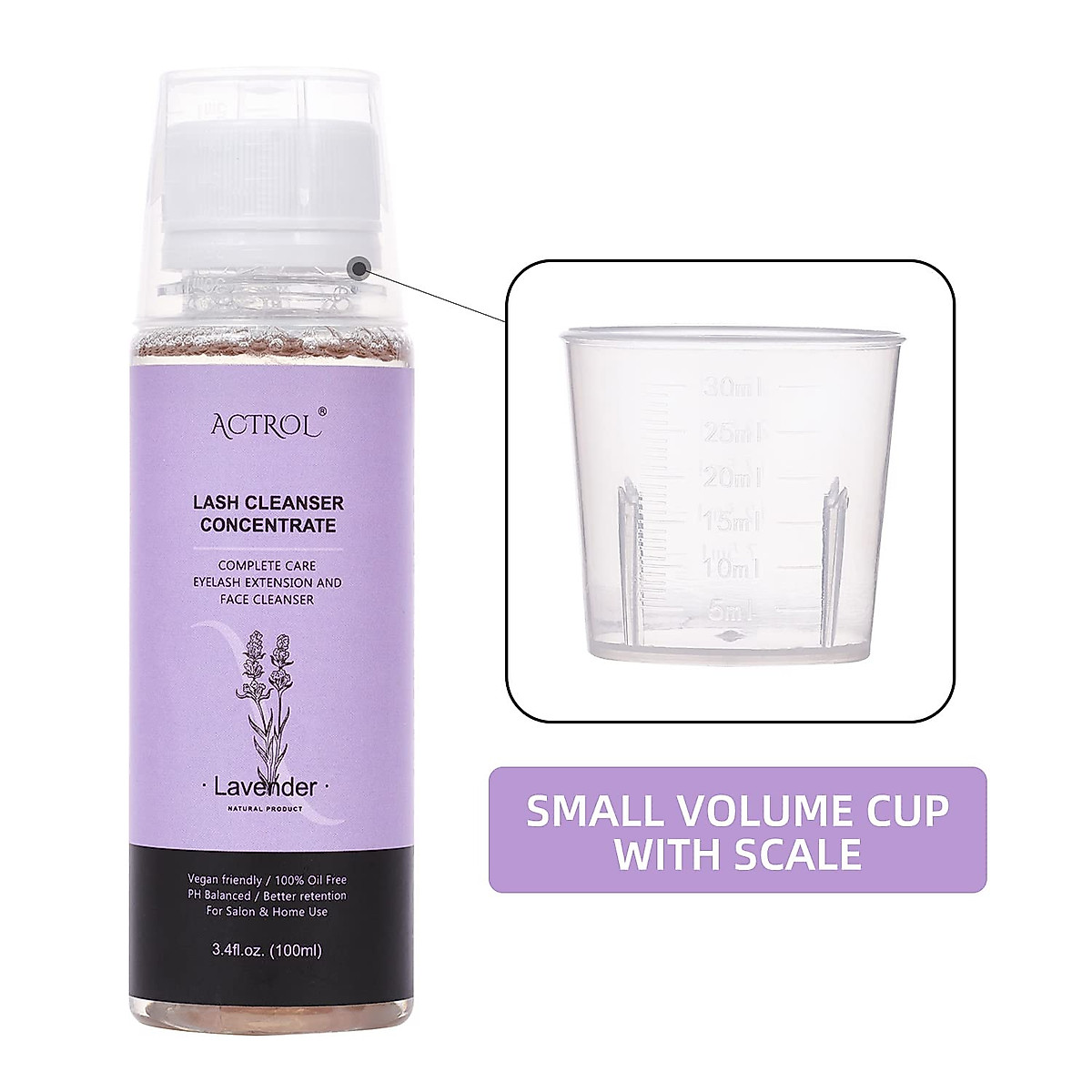 ACTROL Eyelash Shampoo Concentrate 100ml Lash Extensions Cleanser Concentrate Lavender Foaming Shampoo Paraben & Sulfate Free Wash for Extensions Lashes with Salon Home Care-Makes 60ml Bottles