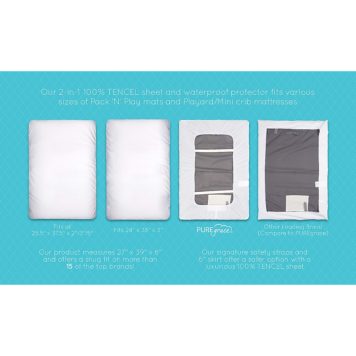 PUREgrace Playard Mattress Sheet and Protector in one -Made with Skin Friendly Tencel, Waterproof Cover Protects and Fits Pack N Play, Mini Portable Crib Mattresses, or Co-Sleepers