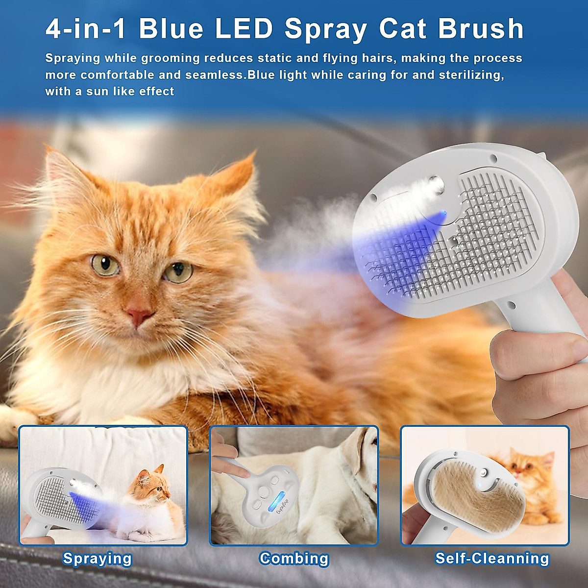 Pet Steam Hair Comb Brush for Shedding, 4 In 1 Spray Brush for Long & Short Haired Cat&Dog, Self-Cleaning Hair Remover with Water Tank And LED Blue Light, Release Button (White)