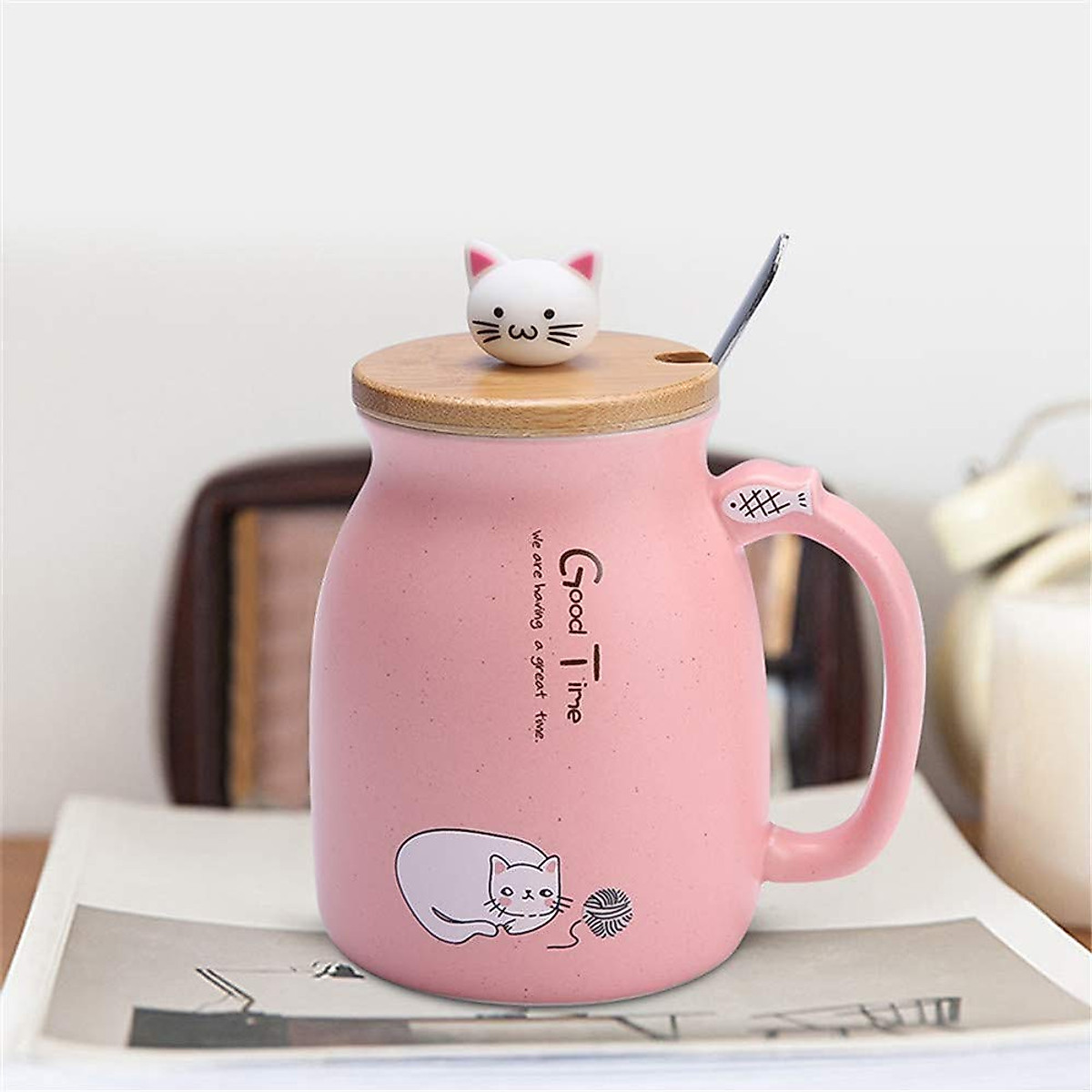 F FINEC 15oz Cute Cat Ceramic Mug, 450ml Milk Coffee Tea Cup With Spoon And Three-dimensional kitty Wood Lid, Heat-Resistant Cartoon Kitten Mugs For Children Office Lovers Gifts