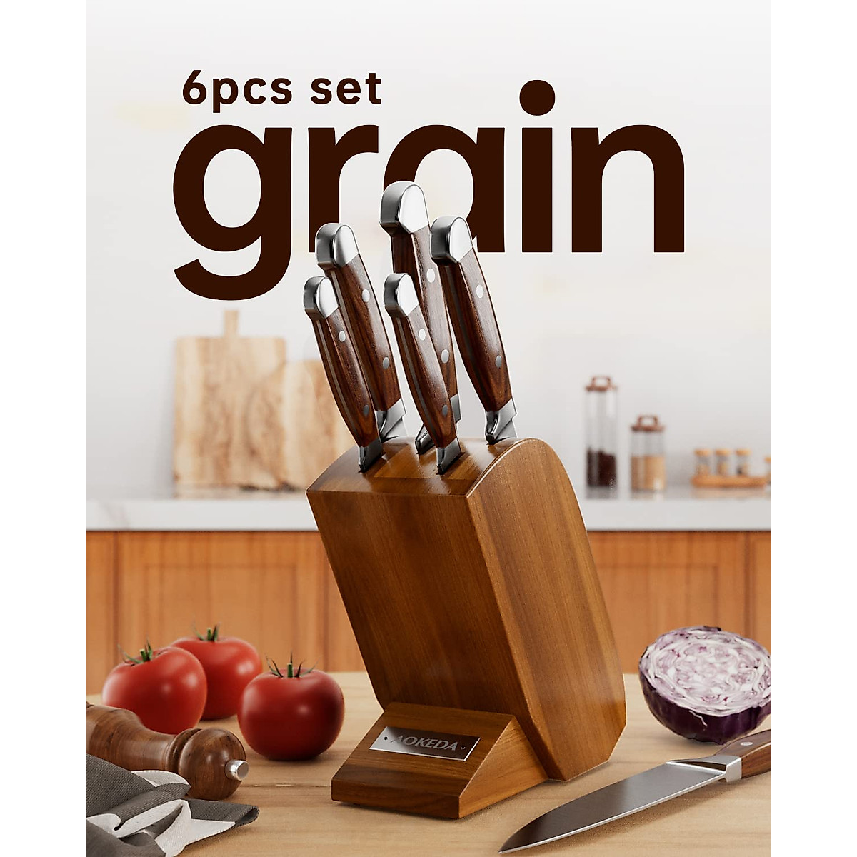 AOKEDA Knife Set for Kitchen with Block, Classic 6-Piece Sets, Pakkawood Handle, Balanced Dual-Bolster Design, High Carbon Stainless Steel Knives