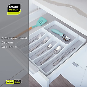 Smart Design 6 Compartment Plastic Drawer Organizer - Non-Slip Lining and Feet - BPA Free - Utensils, Flatware, Office, Personal Care, or Makeup Storage - Kitchen - White with Gray