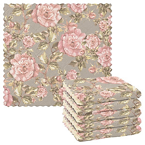 Bolaz Dish Cloths Dish Towels Kitchen Towels 6 Pack Sets Absorbent Retro Pink Rose Flower Soft Decorative Reusable Nonstick Oil Washable