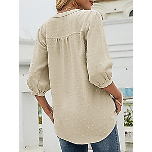 Womens Summer V Neck 3/4 Sleeve Blouses Swiss Dot Tunic Tops Casual Button Shirts Beige