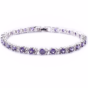 RIZILIA Round Simulated Purple Amethyst and White Cubic Zirconia 18K White gold Plated Tennis Bracelet, 7"