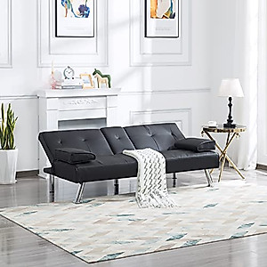 FULife Tufted Upholstered Futon Sofa Convertible Sleeper Couch Bed Daybed Loveseat,Folding Recliner with 2 Cup Holders,Removable Soft Pillow-Top Armrest,3 Angles for Living Room Small Place