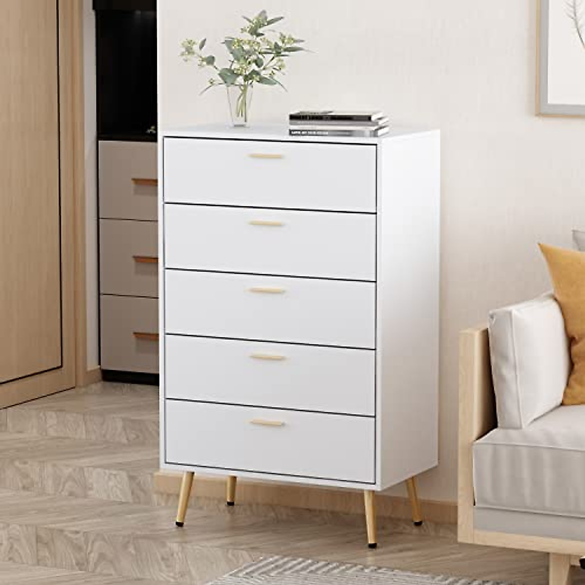 ECACAD Modern Dresser with 5 Drawers, Wood Dresser Storage Chest with Gold Metal Legs for Bedroom, Living Room, White (27.4”L x 15.6”W x 44.9”H)