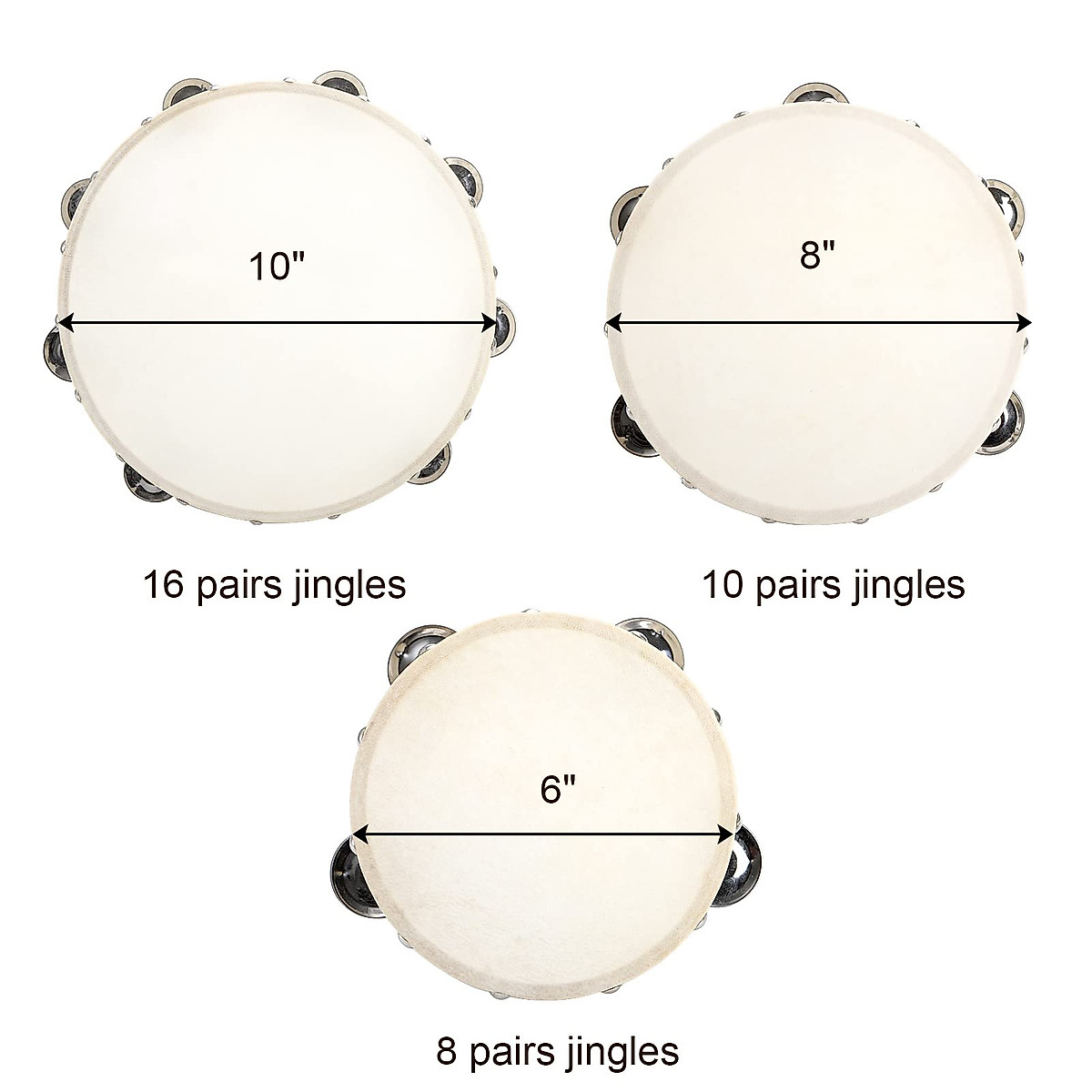 Tosnail Set of 3 Wooden Tambourine, 10", 8", 6" Hand Held Drum Bell, Double Rows Metal Jingles, Musical Gift Educational Instrument for Kids and Adults