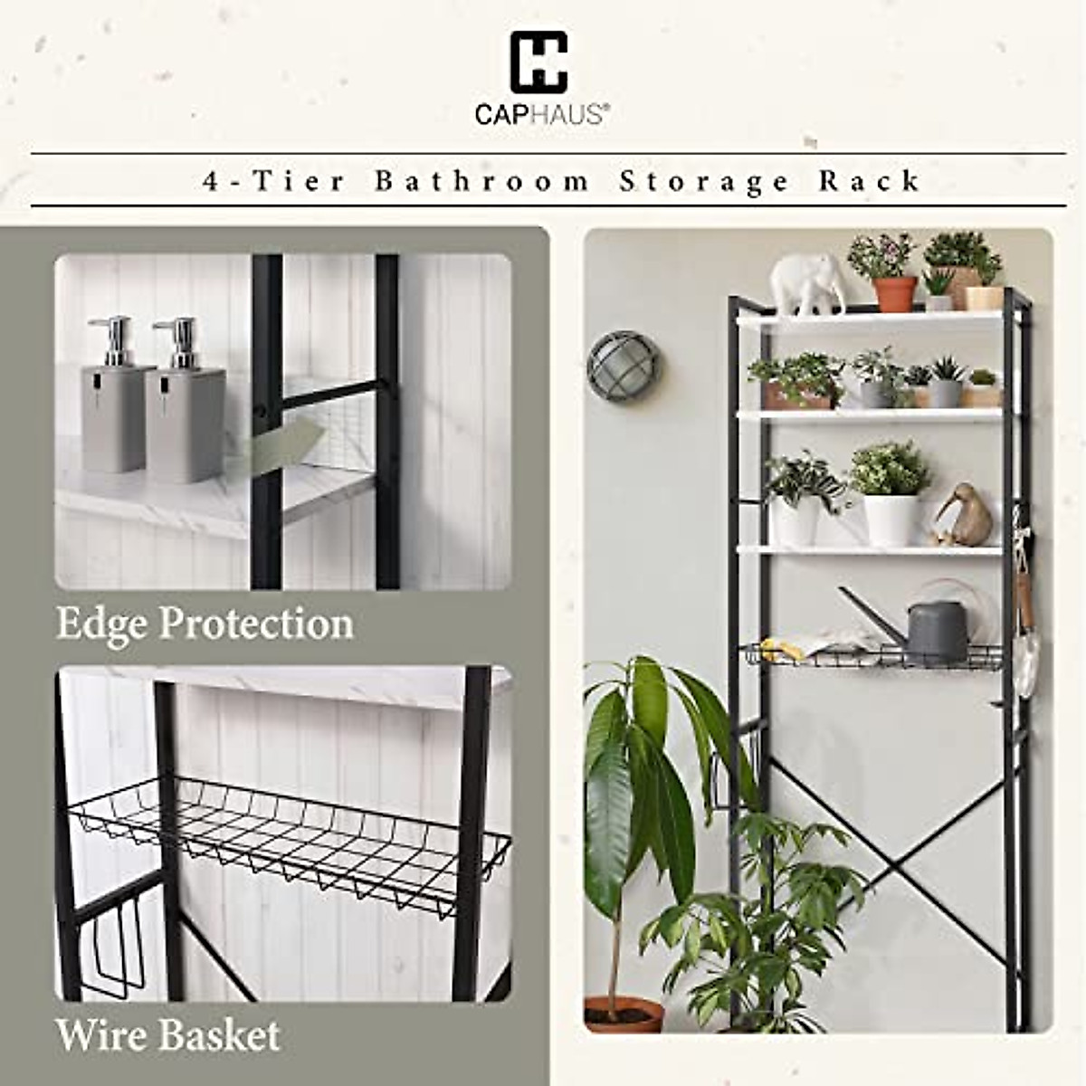 CAPHAUS Over The Toilet Storage, 4-Tier Bathroom Organizer, Freestanding Toilet Shelf, Multifunctional Space Saver Toilet Rack with 4 Hooks, Laundry Organizer, Plant Stand for Balcony (Marble White)