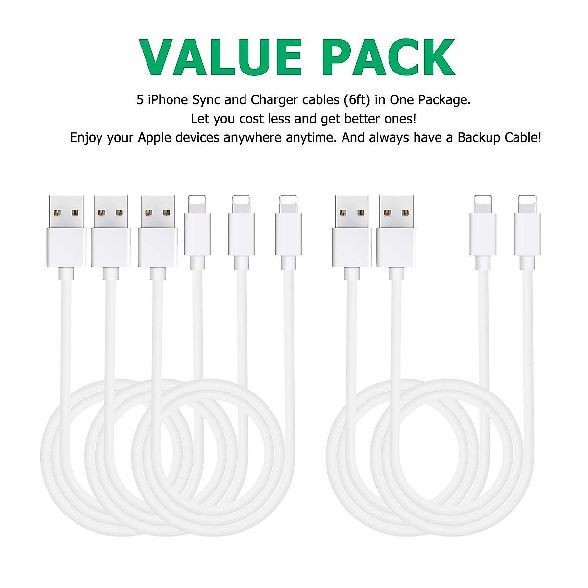iPhone Charger,Atill Lightning Cable 5Pack 6FT iPhone Charging Cable Cord Compatible with iPhone X 8 8Plus 7 7Plus 6s 6sPlus 6 6Plus SE 5 5s 5c iPad iPod & More (White)