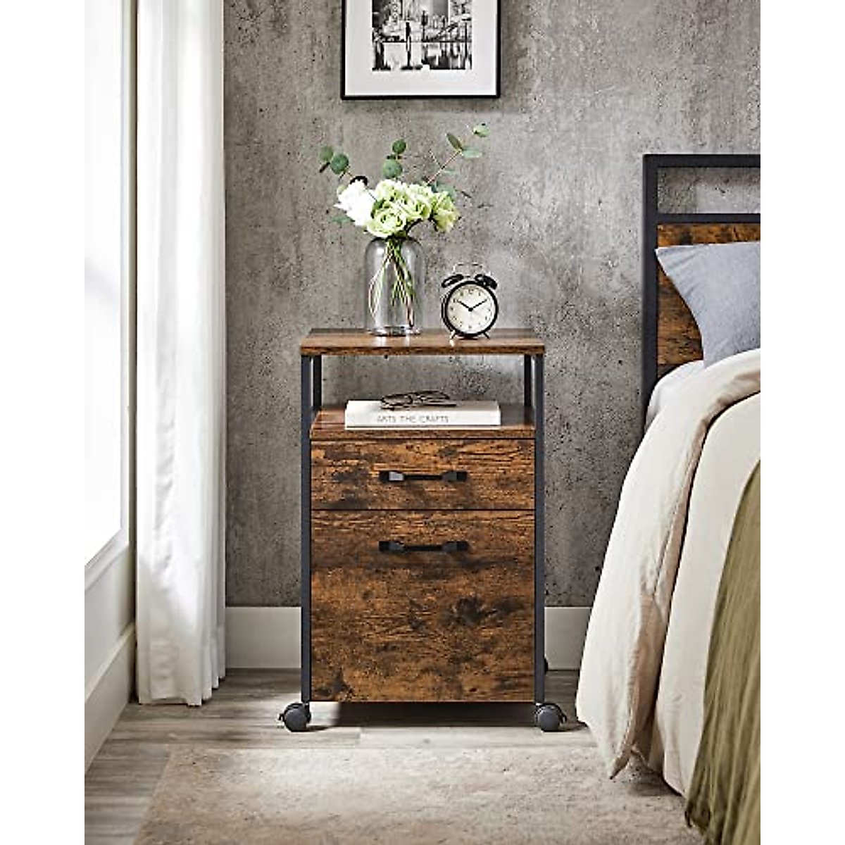 VASAGLE File Cabinet, Mobile Filing Cabinet with Wheels, 2 Drawers, Open Shelf, for A4, Letter Size, Hanging File Folders, Rustic Brown and Black UOFC71X