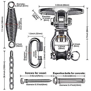 SELEWARE Stainless Steel Swivel Hanger with Heavy Duty Spring, Iron Chain and Bolts, Ceiling Mount for Hanging Indoor Swing, Hammock Chair, Heavy Punching Bag