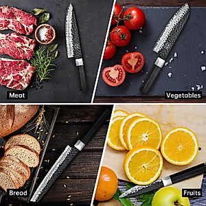 SHAN ZU 7-Piece Japanese Knife Set - 7 Layers 9Cr18MoV High Carbon Steel Kitchen Knife Set with Block and Sharpener,Ultra-Sharp Chef Knife Set with G10 Handle