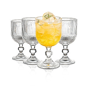 Vintage Wine Glasses Set of 4, 12 oz Glass Drinkware Sets, Ripple Drinkware Embossed Unique Vintage Glasses Drinking, Vertical Line Goblet Glasses, Water Goblets, Wedding, Party, Dinner, Bar