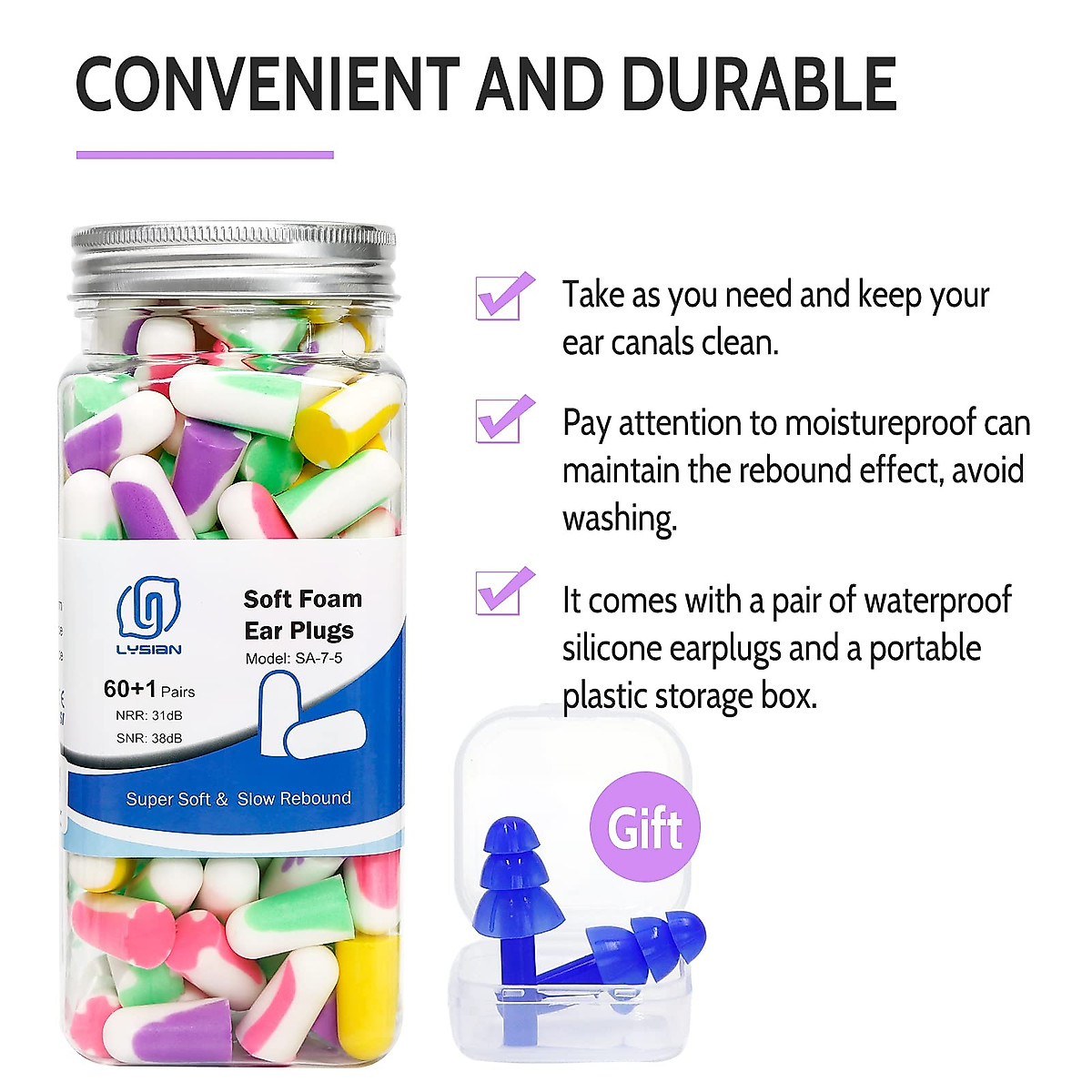 LYSIAN Ultra Soft Foam Earplugs for Sleep- Noise Cancelling Ear Plugs for Sleeping, Shooting,Snoring, Mowing Sound Reduction 38dB- 60 Pairs Multi Color