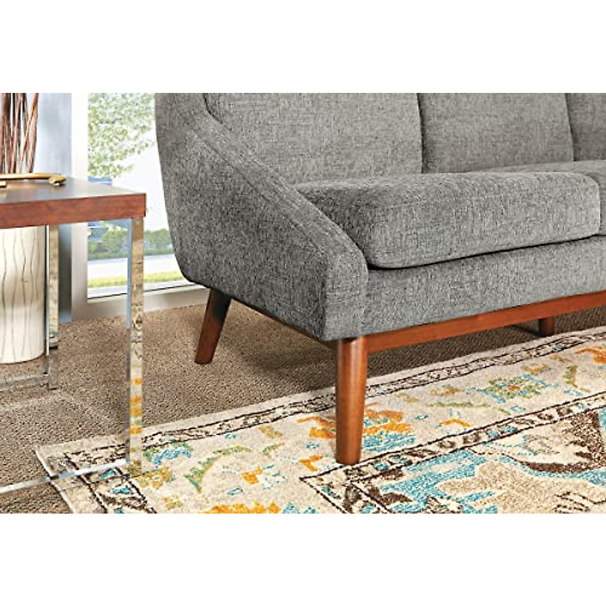 Office Star Davenport Mid-Century Sofa with Thick Cushions and Solid Wood Coffee Finish Legs, Charcoal Fabric