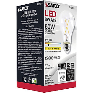Satco S12414-8 Watt LED A19; Clear Bulb 2700K (6 LED Light Bulbs)