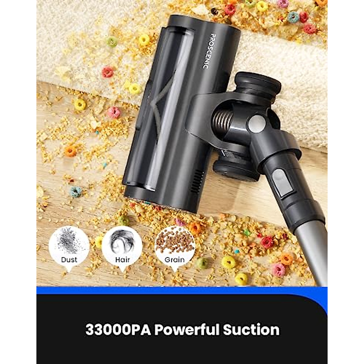 Proscenic P12 Cordless Vacuum Cleaner, Vertect Light, Anti-Tangle Brush, Stick Vacuum with Touch Display, 33Kpa/120AW Cordless Vacuum, Max 60mins Runtime, Deep Clean for Pet Hair, Hard Floor & Carpets