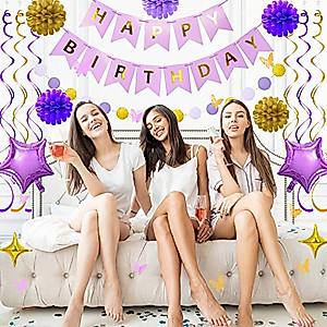 Purple Gold Birthday Party Decorations Set,Happy Birthday Banner with Tissue Paper Pom Poms,Butterfly Stickers,Circle Dot Garland,Foil Balloons and Hanging Swirls for Girls Women Adult Party Supplies