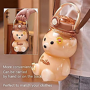 Xigugo Kawaii Bear Straw Bottle,Cute Water Bottles with Adjustable & Removable Shoulder Strap, Large capacity Straw Bottle for Outdoor and School Activities (brown 32oz)