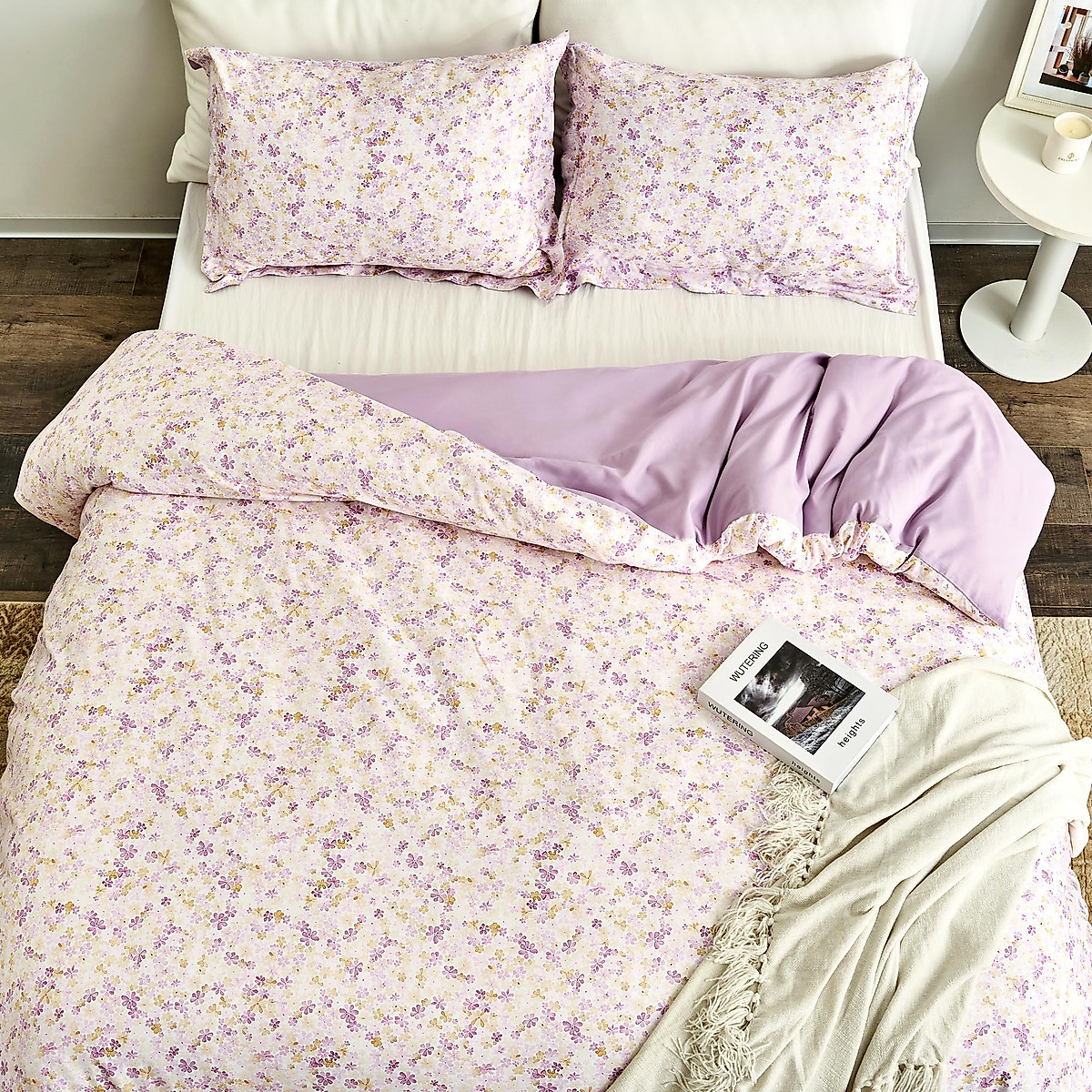 McVernon's Floral Duvet Cover Twin Size, 2 Pcs Purple-Pink Duvet Cover for All Season, Soft, Breathable ＆ Durable Bedding Sets with Zipper Closure and Ties, 1 Duvet Cover and 1 Pillow Shams