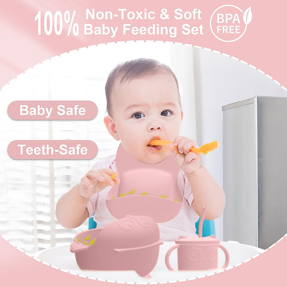 Baby Led Weaning Supplies, 10 Pack Silicone Baby Feeding Set - Baby Bowls and Plates with Suction, Toddler Spoons and Fork, Toddler Cups with Replaceable Lids (Pink)