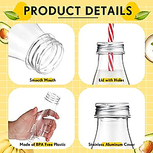 Yinkin Set of 20 Plastic Milk Bottles with Straws & Silver Metal Lids Clear Plastic Bottle for Dairy Milk, Party Bottle for Milk Juices Shakes Smoothies Cocktails, 20 Bottles and 20 Straws (8 oz)