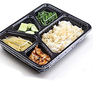 Hemoton 30pcs Disposable Bento Box 5 Compartment Meal Prep Container with Lid Microwave Heating Food Box for Home Restaurant (Black)