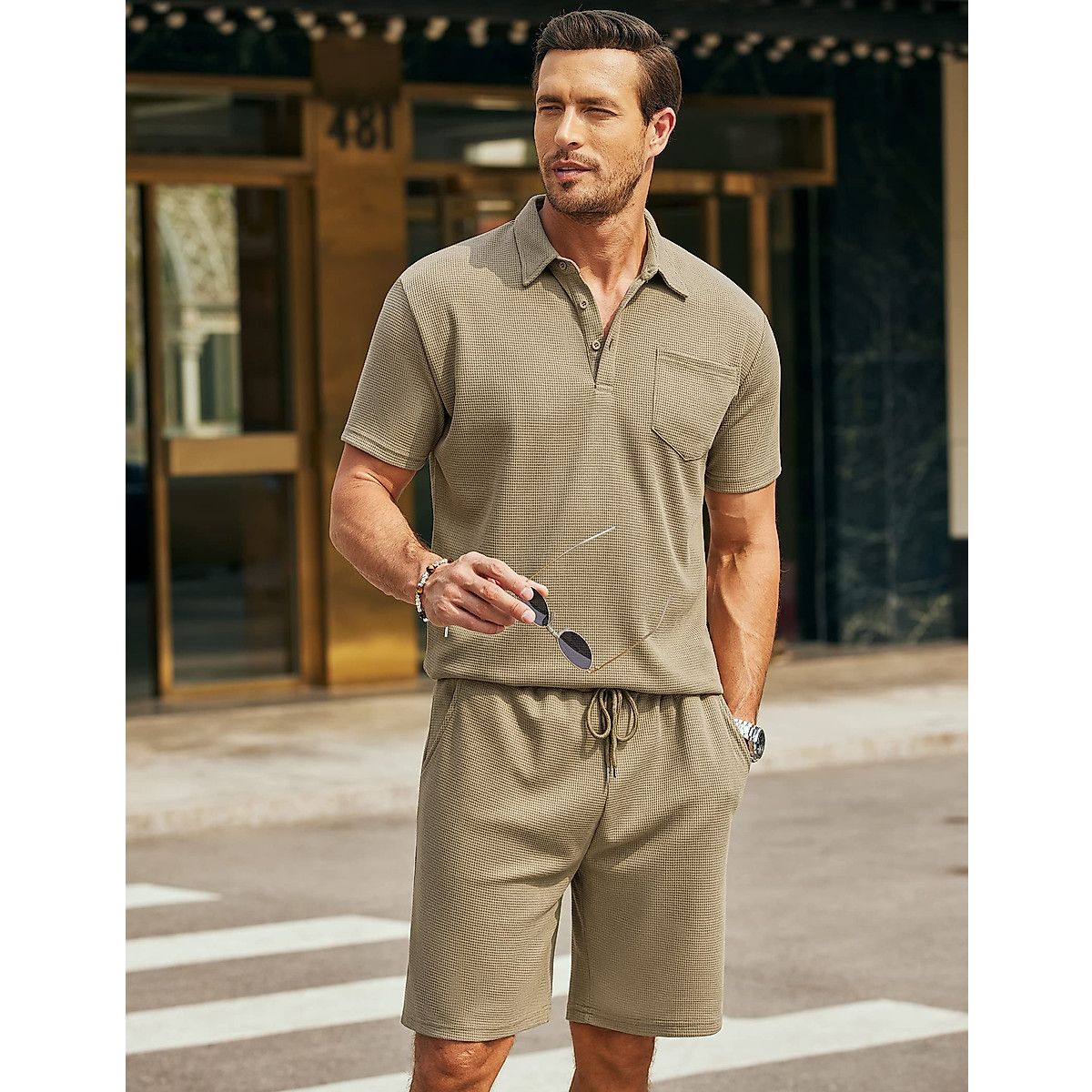 COOFANDY Men's Waffle Knit Polo Shirt and Shorts Set 2 Pieces Outfits Summer Suit Casual Tracksuit with Pockets