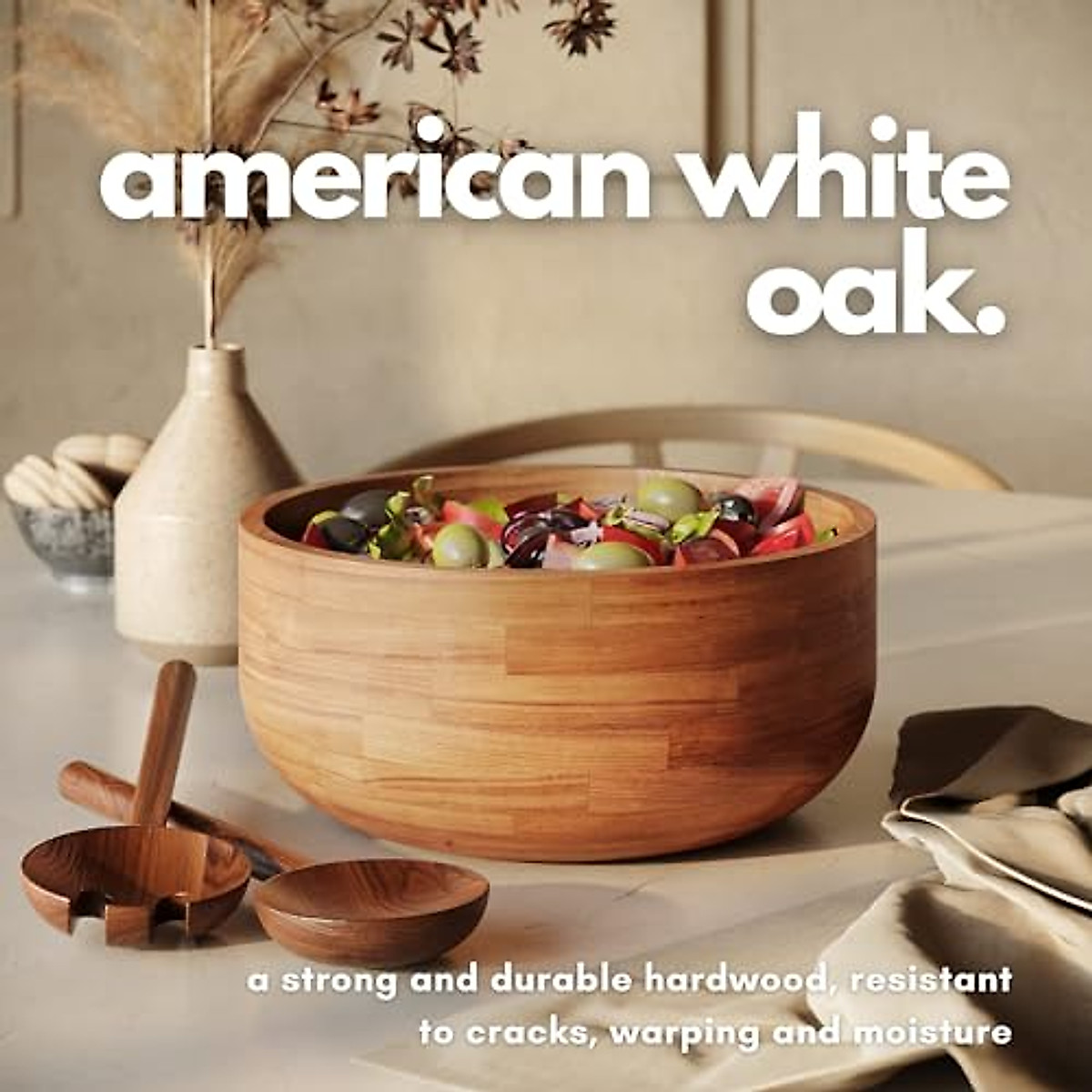 Ziruma Salad Bowls, Wooden Salad Bowls Set, Large White Oak Wood Serving Bowl for Fruits, Salad, 10.2" Big Salad Bowl with American Walnut Serving Utensils. Ceramic Serving Bowls Included