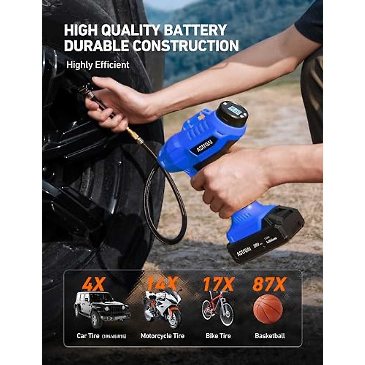 AstroAI Cordless Tire Inflator Air Compressor 20V Rechargeable Battery Powered 160PSI Portable Handheld Air Pump with 12V Car Power Adapter Digital Pressure Gauge for Cars Motorcycles JY16P160-18（C2）