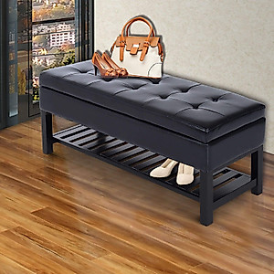 HOMCOM 44" Tufted Faux Leather Ottoman Storage Bench with Shoe Rack - Black