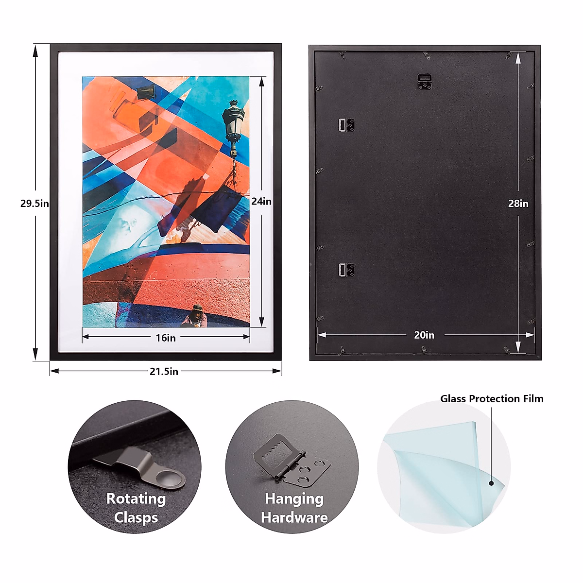 POUKROO 20x28 Poster Frame Matted to 16x24 Black Soild Wood Display Picture Puzzle Artwork Canvas Art Painting 16 by 24 with Mat Opening or 20 x 28 without Mat Horizontal or Vertical for Wall Hanging