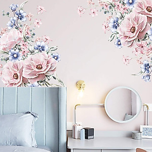 Floral Peonies Wall Stickers, Pink Blue Peony Rose Bouquet Flowers Removable Peel and Stick Wall Decal, DIY Art Vintage Blossom Flowers Wallpaper for Wedding Living Room Girls Room