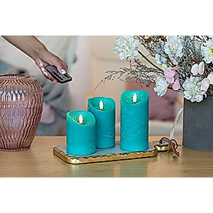 Set of 3 Realistic Flameless Turquoise LED Candles with Remote Control - 4'' 5'' 6'' Electric Wickless Pillar Battery Operated Candles with Flickering Flame Timer