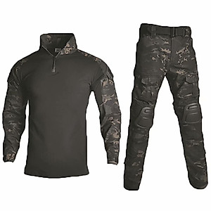 Lilychan Men's Military Uniform Airsoft Tactical Army Suits Combat Shirt Pants Paintball Gear with Knee Pads-Black Camo,L/34