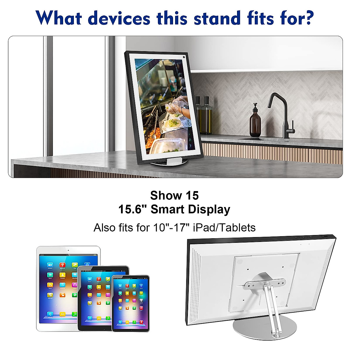 Aluminum Desktop Stand for Echo Show 15, Echo Show 15 Stand Swivel and Tilt, Adjustable and Foldable Stand with 360 Degree Rotatable Base, Multi-Angles, Easy Switch Device in Portrait and Landscape