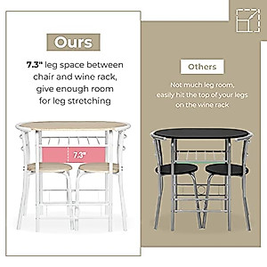 VINGLI 3 Piece Dining Set,Small Kitchen Table Set for 2,Breakfast Table Set,Kitchen Wooden Table and 2 Chairs for Small Space/Dining Room/Apartment,Metal Frame,Wine Rack,White&Light Oak