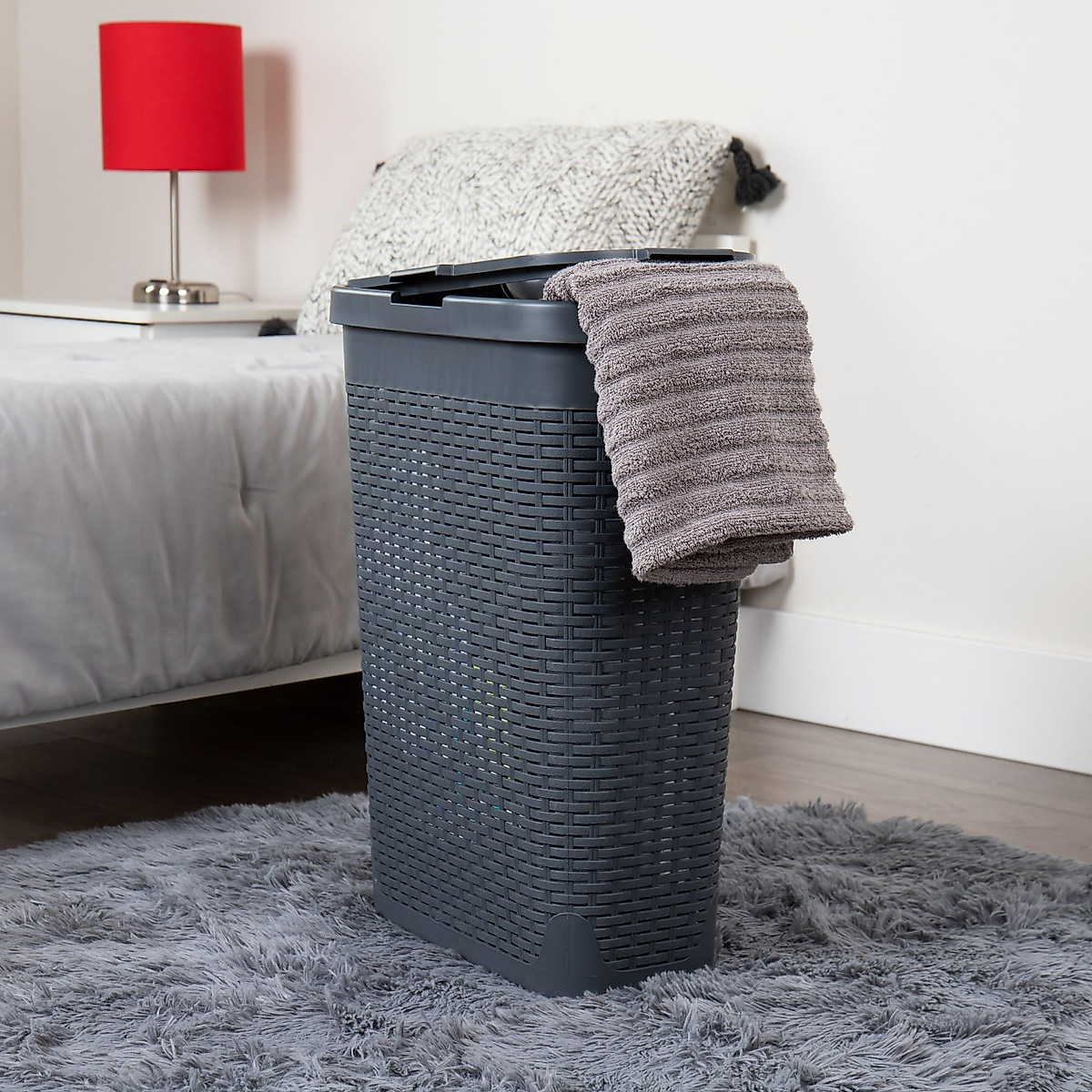 Mind Reader 40L Slim Laundry Hamper, Clothes Basket, Lid, Wicker Design, Plastic, 18"L x 10.4"W x 23.5"H, Gray