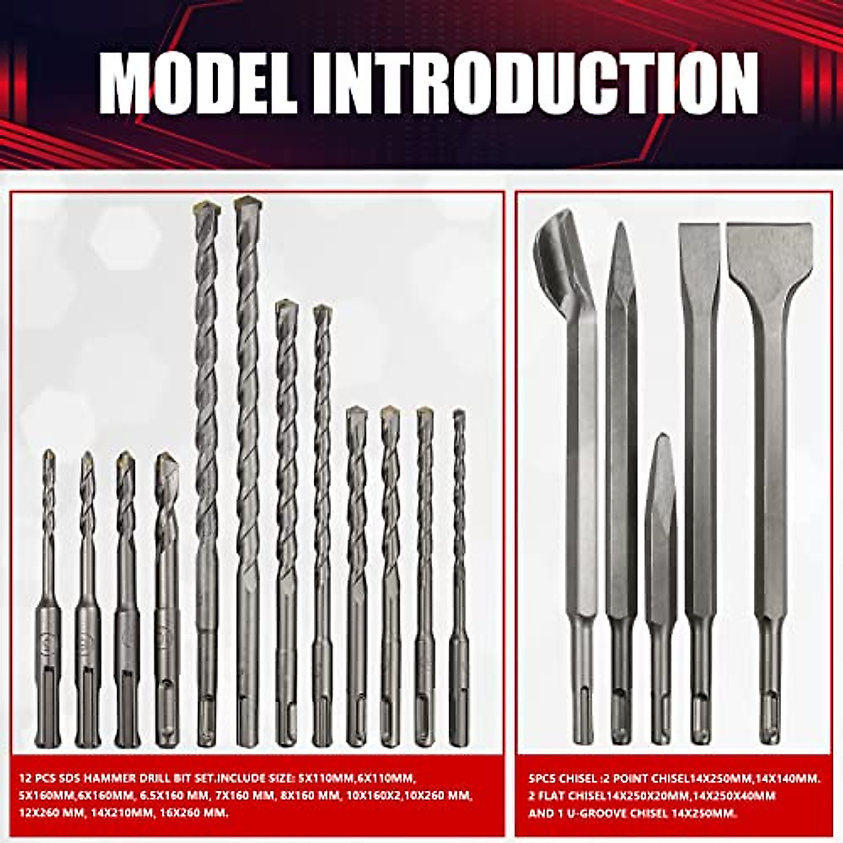 wesleydrill 17PCS Rotary Hammer & Chisels Masonry Drill Bit Set, SDS Plus Drill Bits Set, Fit for Drilling and Cutting in Concrete,Brick,Walls