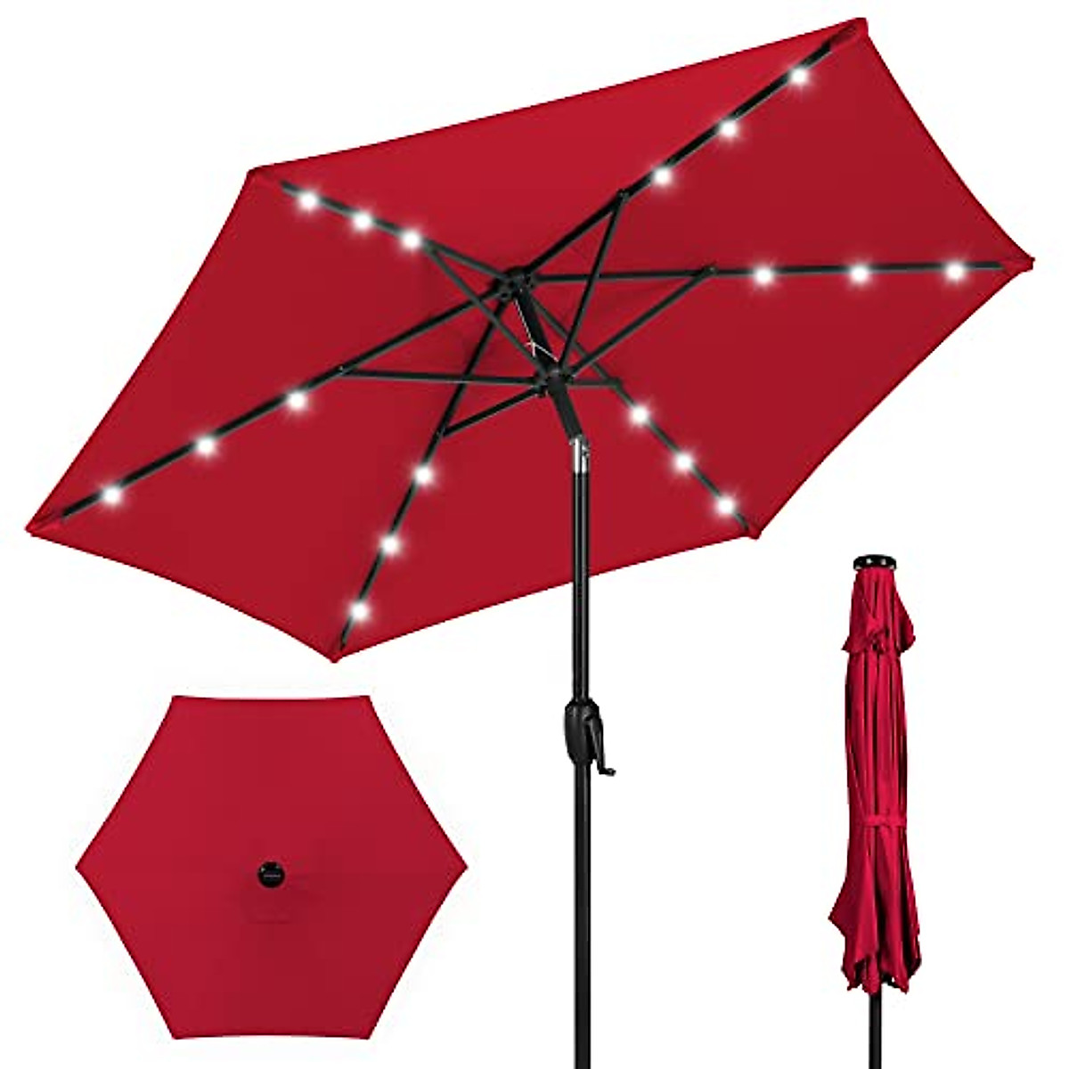 Best Choice Products 7.5ft Outdoor Solar Market Table Patio Umbrella for Deck, Pool w/Tilt, Crank, LED Lights - Red