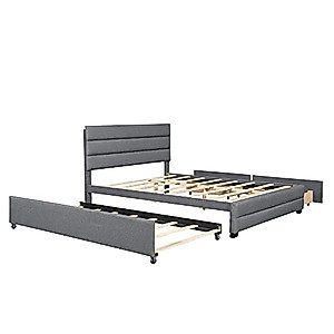 YUNLife&Home Upholstered Queen Size Platform Storage Bed with Trundle and Two Drawers, Velvet Upholstered Trundle Bed Frame, Wooden Queen Bed Frame with Headboard, No Box Spring Needed