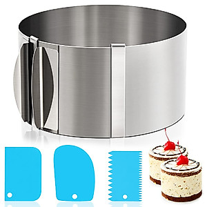 Senbos Cake Ring, Stainless Steel Professional Adjustable Baking Rings with Handle Layer Baking Cake Ring with 3 Cream Scrapers for Birthday Wedding Tier Cake, 3.5 inch High, Diameter 6 to 12 inch