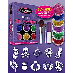 Best of GlitZGlam Stencit Set, Body Adhesive and Glitter Tattoo Kit Original - with 6 Large Glitters & 12 Stencils - HYPOALLERGENIC and DERMATOLOGIST TESTED! - for boys & Girls. Children Tattoos by Gl