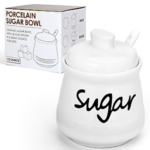 Swetwiny Ceramic Sugar Bowl with Lid and Spoon, 12 Ounces Porcelain Sugar Jar Sugar Dispenser, Sugar Container for Home and Kitchen Decor (White)